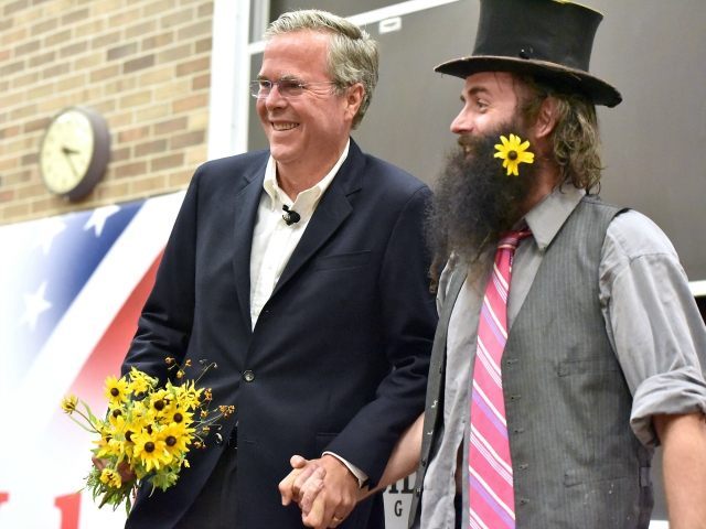 Flower Man Rod Webber Sings to Jeb Bush at NH Town Hall