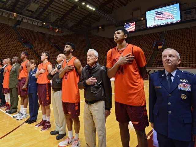 VA Tech Basketball Team Practices National Anthem with Veterans
